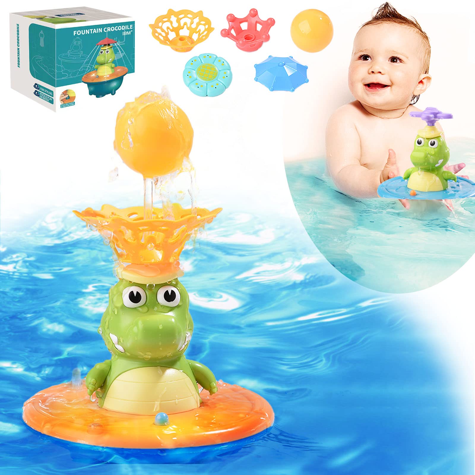 Bath Toys, Light Up Baby Pool Toy with LED Light Crocodile Spray Water Toy, Floating Wind Up Toys for 1 Year Old Boy Girl, New Born Baby Bathtub Water Toys, Preschool Toddler Pool Toys (Crocodile)