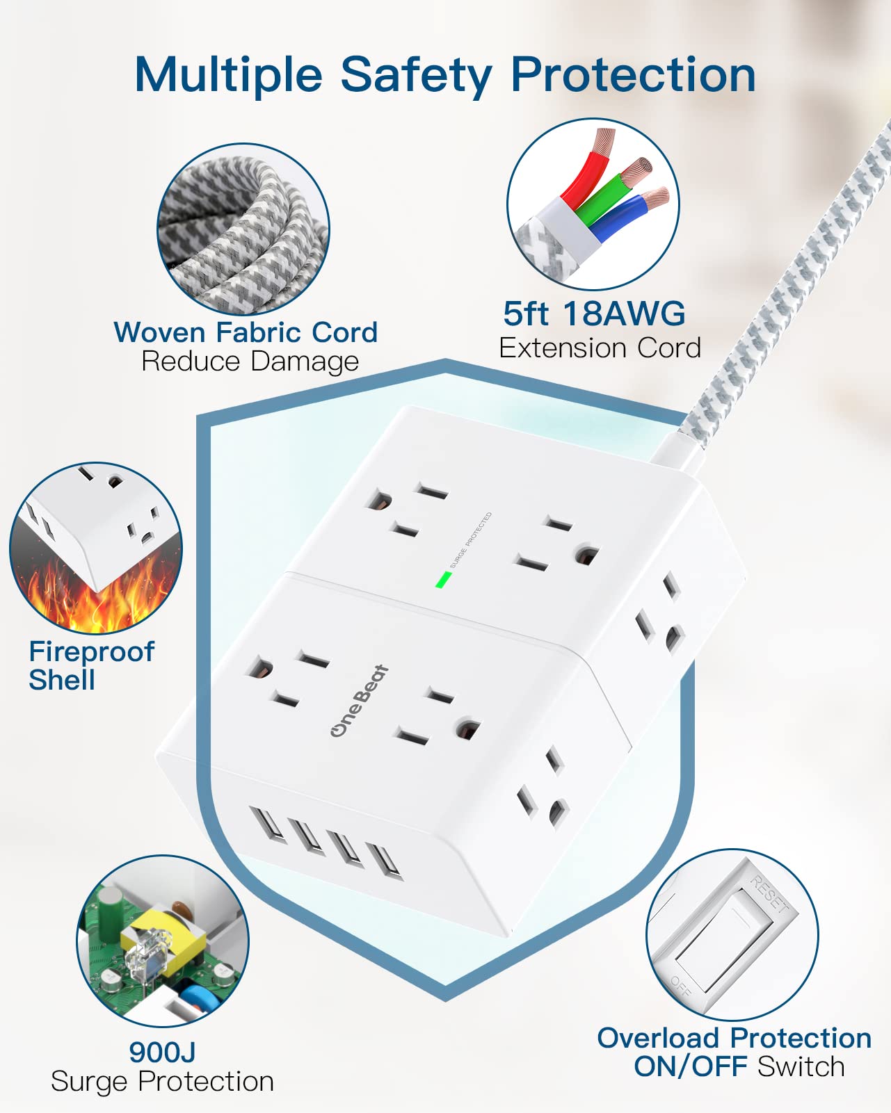 Power Strip Surge Protector with USB, 8 Widely Outlets 4 USB Ports Extension Cord with Flat Plug, 3 Sided Wall Outlets Extender USB Desktop Charging Station for Home Office Travel