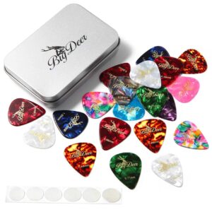 BigDeer 50 pack Celluloid Guitar Picks ，includes Thin,Medium, Heavy & Extra Heavy Picks Plectrums for Acoustic Guitar,Ukulele,Bass ，with 6 Guitar Selection Grips Silicone pad Wrapped in tin box