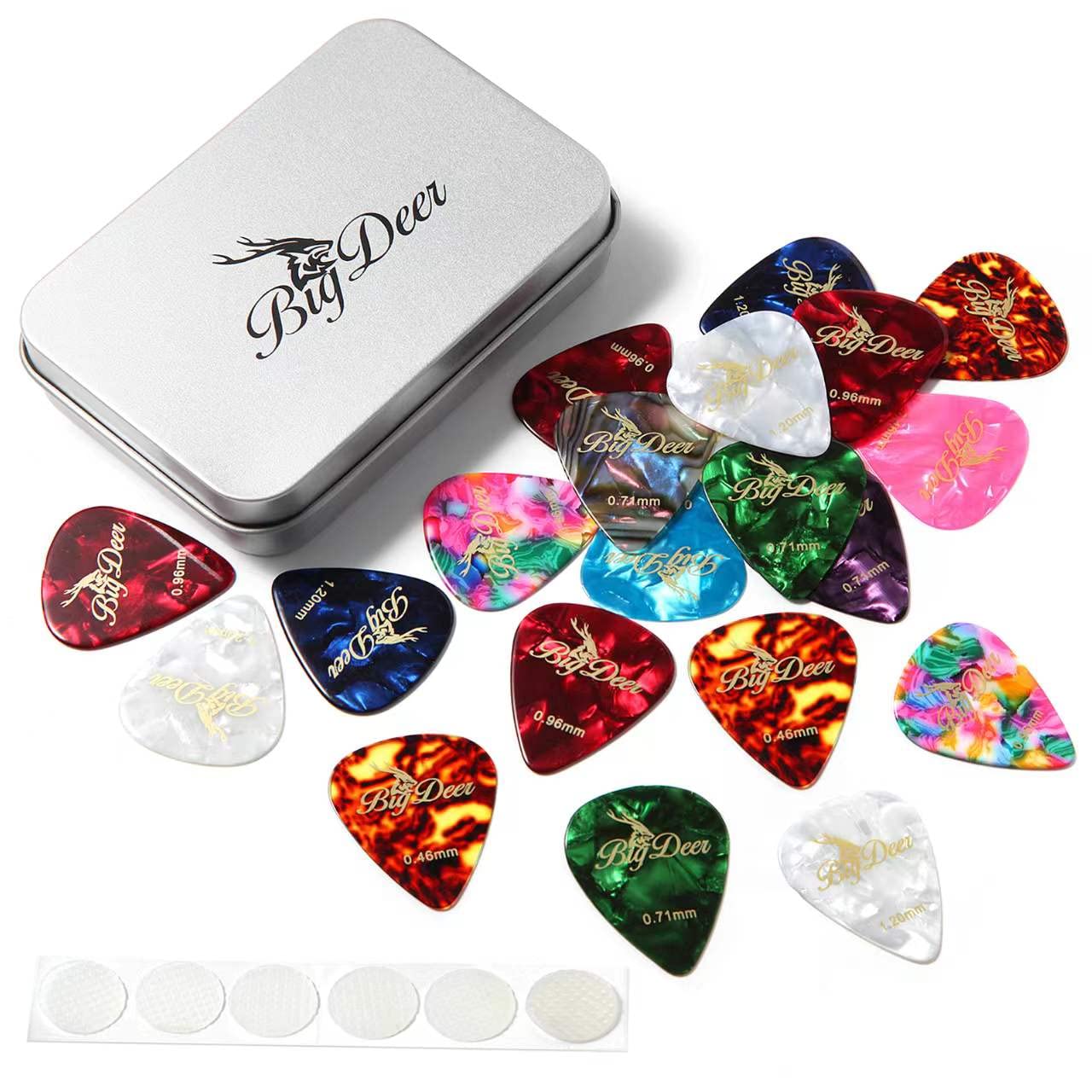 BigDeer 50 pack Celluloid Guitar Picks ，includes Thin,Medium, Heavy & Extra Heavy Picks Plectrums for Acoustic Guitar,Ukulele,Bass ，with 6 Guitar Selection Grips Silicone pad Wrapped in tin box