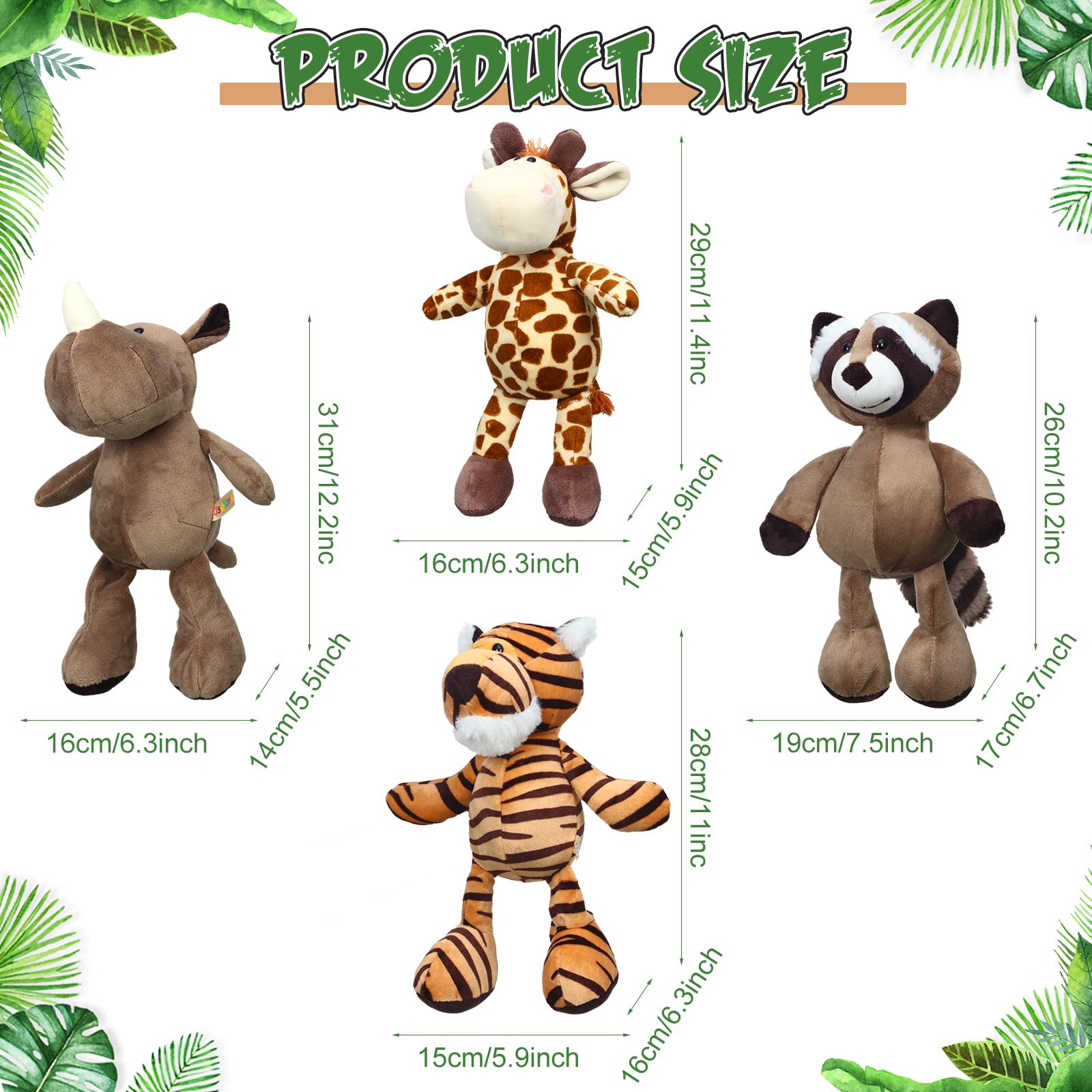 9 Pcs Plush Jungle Animals Toys Jungle Safari Stuffed Animals Bundle 9.9 Inch Cute Plush Animal Toys Includes Tiger Lion Elephant Monkey Zebra Raccoon Rhino Giraffe for Kids Animal Theme Party