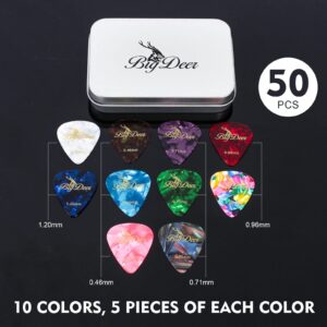 BigDeer 50 pack Celluloid Guitar Picks ，includes Thin,Medium, Heavy & Extra Heavy Picks Plectrums for Acoustic Guitar,Ukulele,Bass ，with 6 Guitar Selection Grips Silicone pad Wrapped in tin box