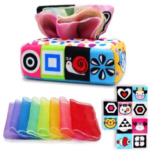 adpartner baby tissue box toy, montessori sensory baby toys for babies 6 to 12 months, soft educational tissue toy box with fabric crinkle cards scarves for 1 year old boys girls early learning gifts