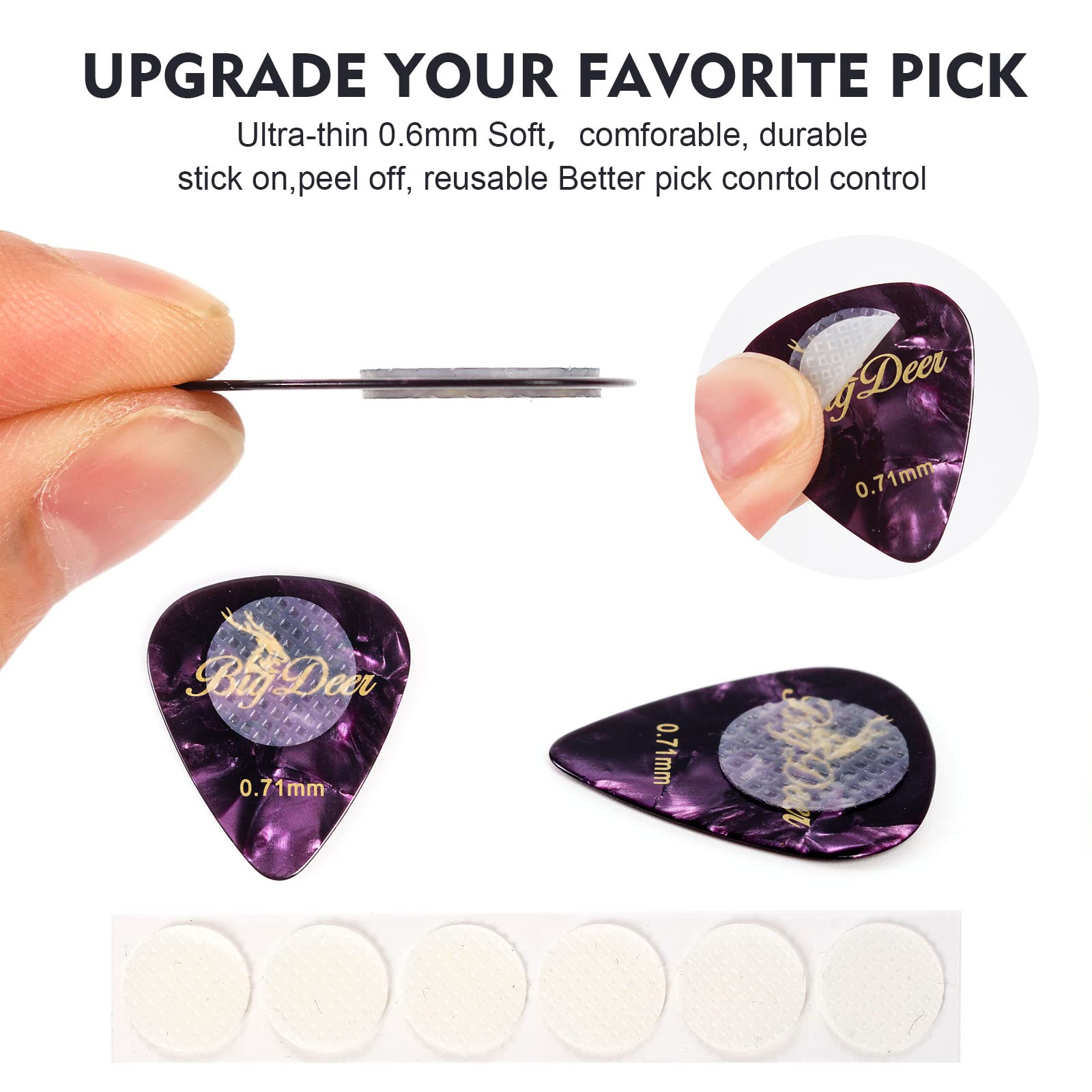 BigDeer 50 pack Celluloid Guitar Picks ，includes Thin,Medium, Heavy & Extra Heavy Picks Plectrums for Acoustic Guitar,Ukulele,Bass ，with 6 Guitar Selection Grips Silicone pad Wrapped in tin box