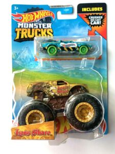 diecast hot wheels monster trucks lion's share, 1:64 scale truck with car