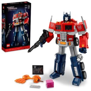 lego icons optimus prime 10302 transformers figure set, collectible transforming 2-in-1 robot and truck model building kit for adults, perfect for display or play