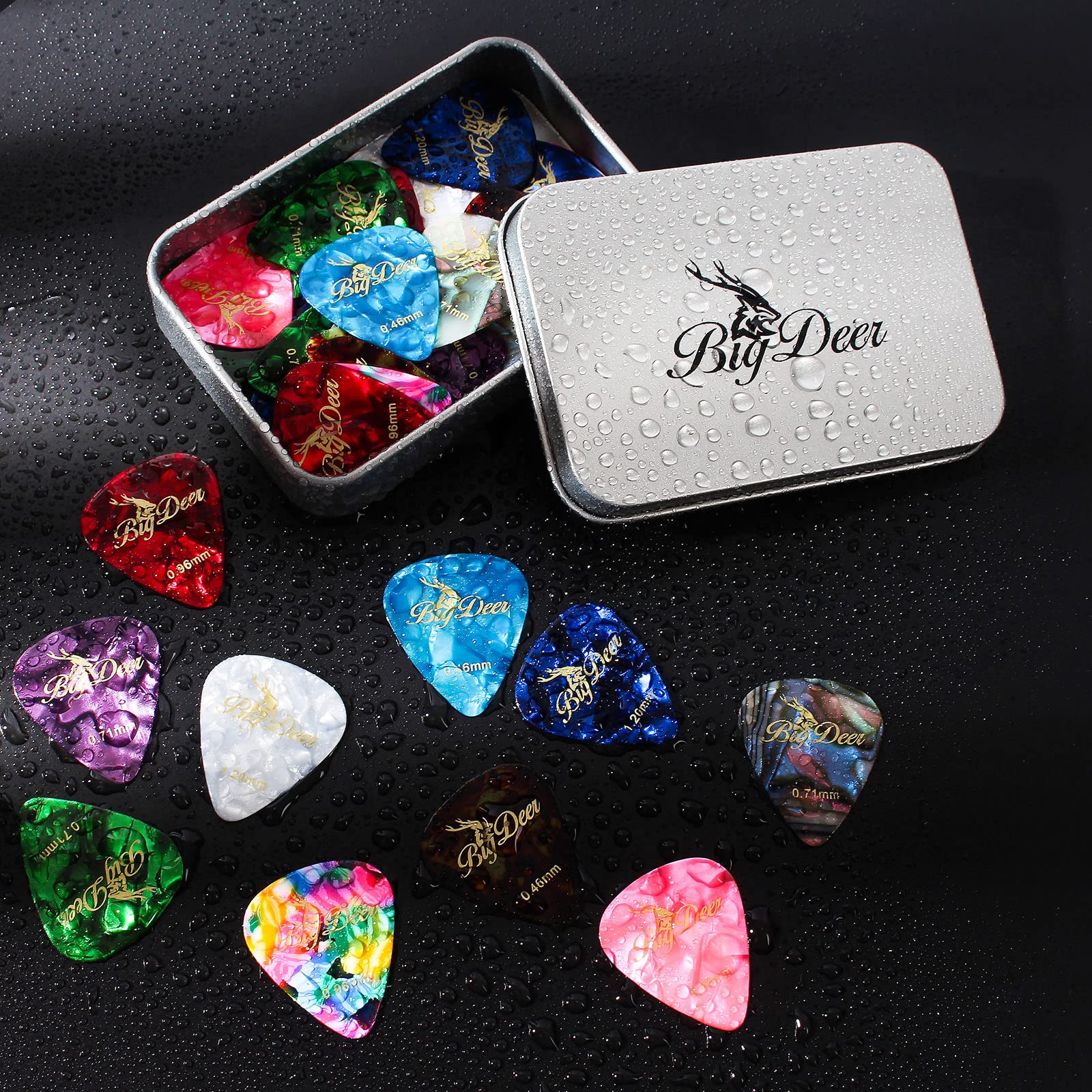 BigDeer 50 pack Celluloid Guitar Picks ，includes Thin,Medium, Heavy & Extra Heavy Picks Plectrums for Acoustic Guitar,Ukulele,Bass ，with 6 Guitar Selection Grips Silicone pad Wrapped in tin box