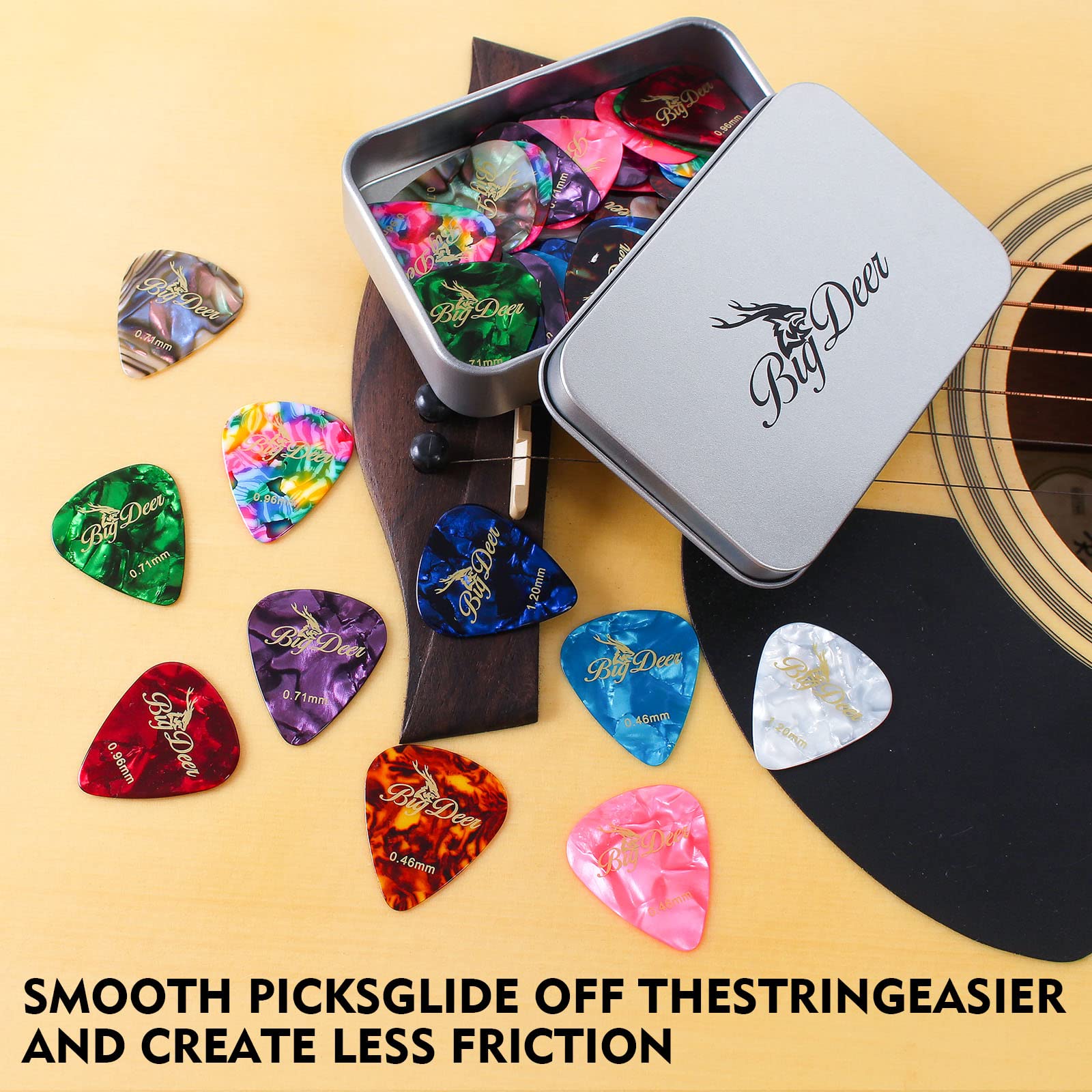 BigDeer 50 pack Celluloid Guitar Picks ，includes Thin,Medium, Heavy & Extra Heavy Picks Plectrums for Acoustic Guitar,Ukulele,Bass ，with 6 Guitar Selection Grips Silicone pad Wrapped in tin box