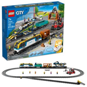 lego city freight train set, 60336 remote control toy for kids aged 7 plus with sounds, 2 wagons, car transporter, 33 track pieces and 2 ev car toys