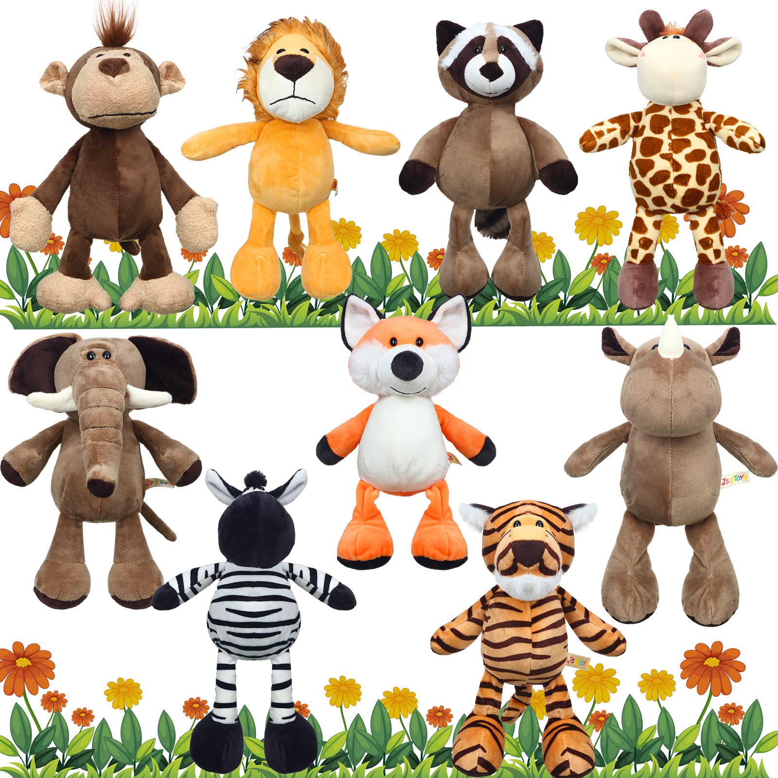 9 Pcs Plush Jungle Animals Toys Jungle Safari Stuffed Animals Bundle 9.9 Inch Cute Plush Animal Toys Includes Tiger Lion Elephant Monkey Zebra Raccoon Rhino Giraffe for Kids Animal Theme Party