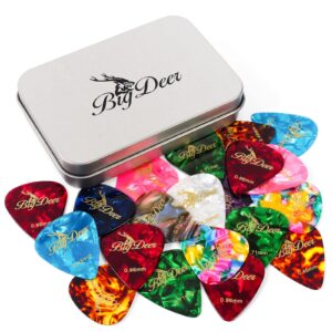 bigdeer 50 pack celluloid guitar picks ，includes thin,medium, heavy & extra heavy picks plectrums for acoustic guitar,ukulele,bass ，with 6 guitar selection grips silicone pad wrapped in tin box