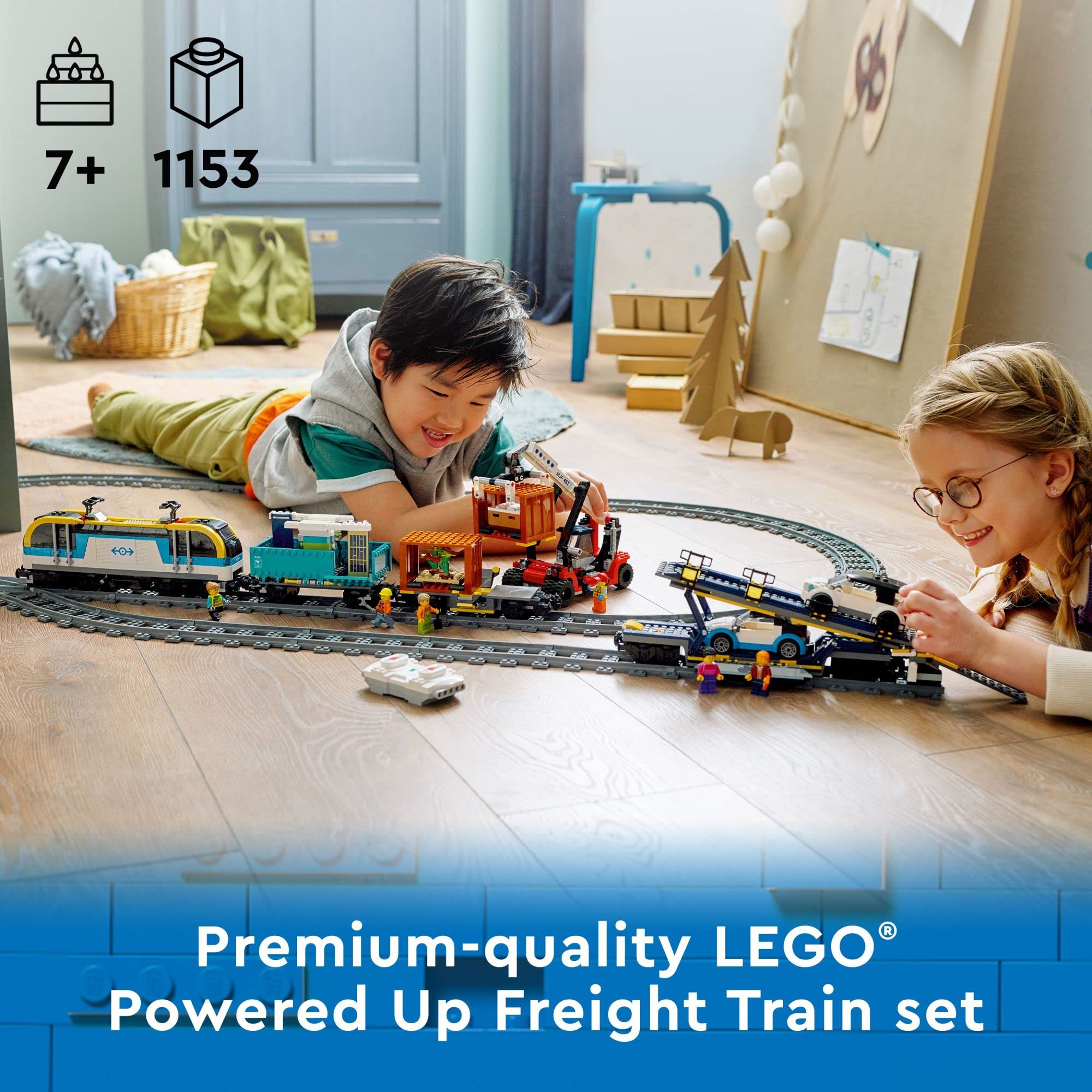 LEGO City Freight Train Set, 60336 Remote Control Toy for Kids Aged 7 Plus with Sounds, 2 Wagons, Car Transporter, 33 Track Pieces and 2 EV Car Toys