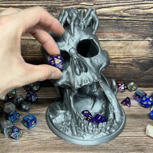 MunnyGrubbers - 6.5" Skull Dice Tower - (Random 7PCS D20 Dice Set Included) - No Paint Odorless Plastic - Tabletop Roleplaying Game - Dice Roller - Dungeons and Dragons - DND - D&D - (Silver)