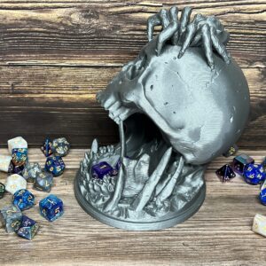 MunnyGrubbers - 6.5" Skull Dice Tower - (Random 7PCS D20 Dice Set Included) - No Paint Odorless Plastic - Tabletop Roleplaying Game - Dice Roller - Dungeons and Dragons - DND - D&D - (Silver)