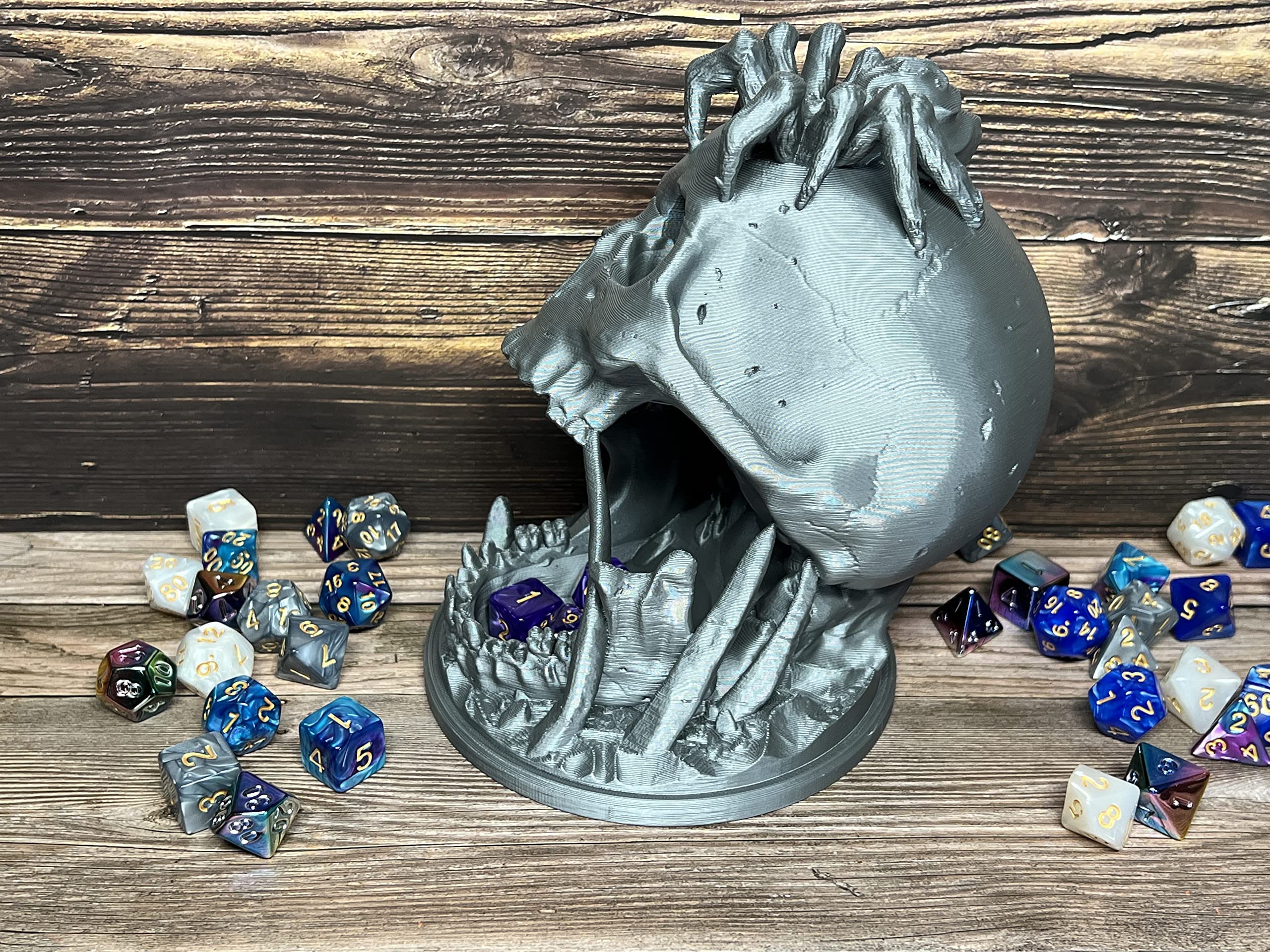 MunnyGrubbers - 6.5" Skull Dice Tower - (Random 7PCS D20 Dice Set Included) - No Paint Odorless Plastic - Tabletop Roleplaying Game - Dice Roller - Dungeons and Dragons - DND - D&D - (Silver)