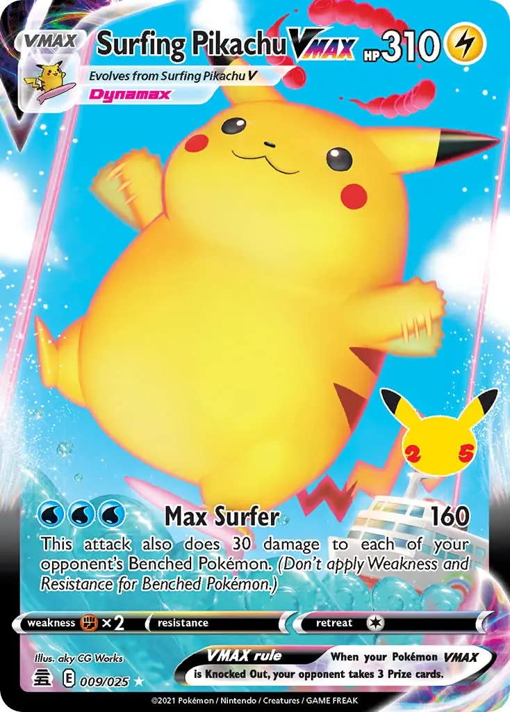 Kstamps Surfing Pikachu VMAX - 009/025 Celebrations Card,25th Anniversary,Full Art Holo Rare