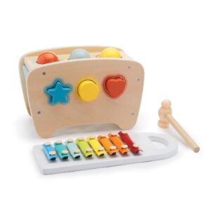 amazon basics musical pounding bench with xylophone and shape sorter toy-kids gift for toddlers, age 18m+, boy girl baby, 11.6 x 5.2 x 6.3 inches, multicolor