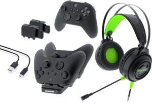 gamers kit for xbox series xs: gaming headset with 50mm drivers, (2) rechargeable batteries, controller charger for xbox series xs,usb-c cable, controller cover, joystick caps, (4) battery covers