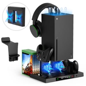 fyoung upgraded vertical cooling stand for xbox series x with controller charger station dock, dual suction cooler fan system stand accessories with 8 game storage organizer, headset hanger