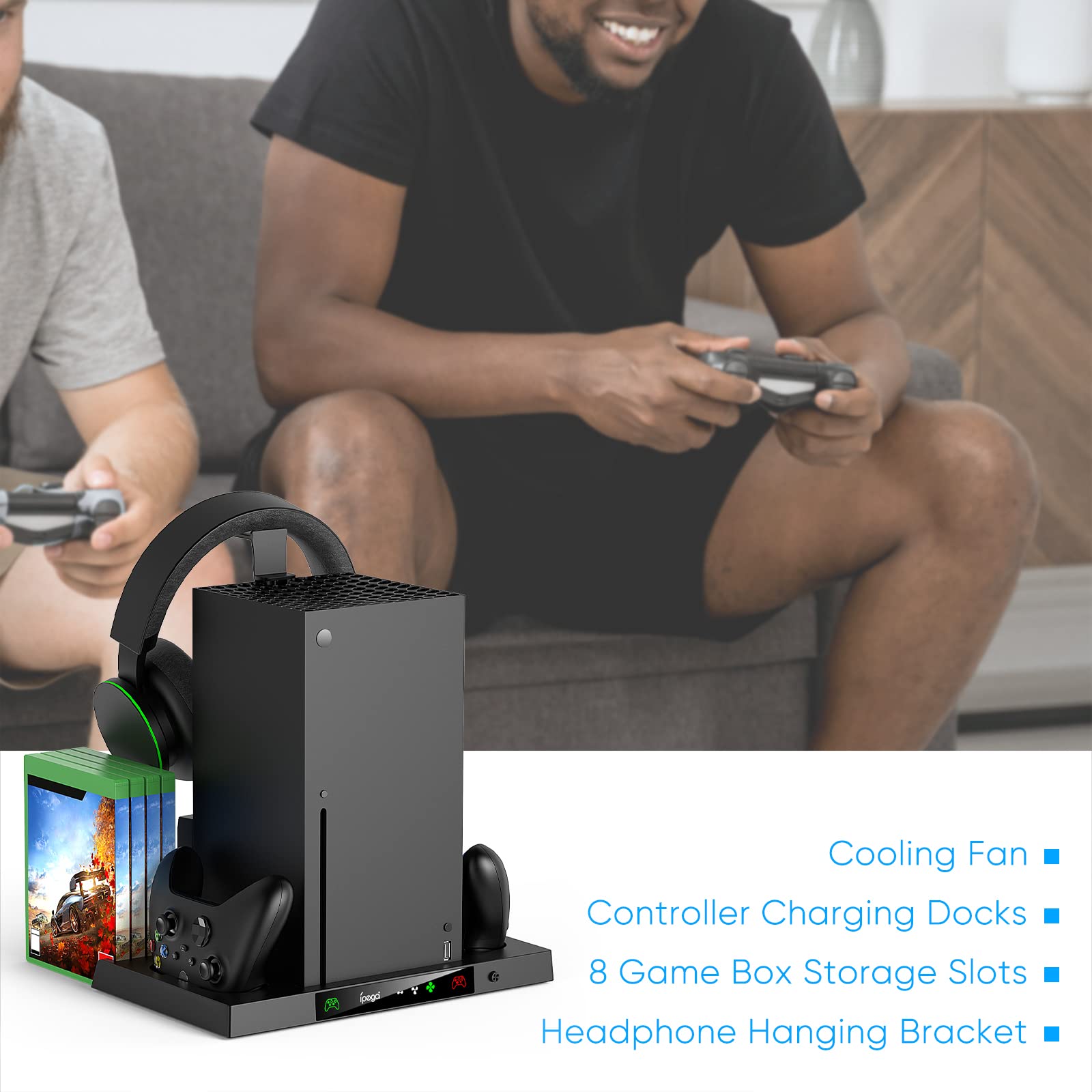 FYOUNG Upgraded Vertical Cooling Stand for Xbox Series X with Controller Charger Station Dock, Dual Suction Cooler Fan System Stand Accessories with 8 Game Storage Organizer, Headset Hanger