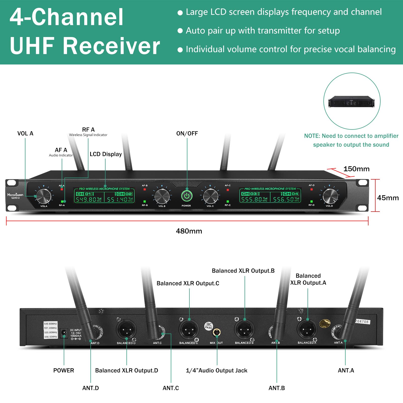 MicrocQueen Wireless Microphone System, 4-Channel UHF Professional Mic, Automatically Pair Metal Cordless Mic with 2 Handheld and 2 Bodypack, 400ft Range, for Singing, Karaoke, Party, Wedding, Concert