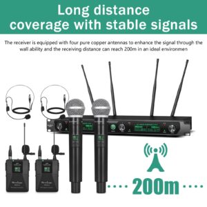 MicrocQueen Wireless Microphone System, 4-Channel UHF Professional Mic, Automatically Pair Metal Cordless Mic with 2 Handheld and 2 Bodypack, 400ft Range, for Singing, Karaoke, Party, Wedding, Concert