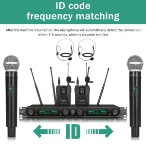 MicrocQueen Wireless Microphone System, 4-Channel UHF Professional Mic, Automatically Pair Metal Cordless Mic with 2 Handheld and 2 Bodypack, 400ft Range, for Singing, Karaoke, Party, Wedding, Concert