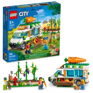 lego city farmers market van 60345 building toy set for kids, boys, and girls ages 5+ mobile farm shop playset with 3 minifigures (310 pieces)