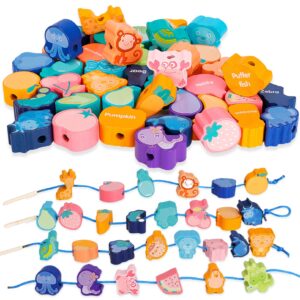 50pcs wooden lacing beads,animals fruits threading beads set,wooden preschool learning lacing toys,vegetable stringing toy,montessori educational threading toy for toddlers 3 4 5 6 year old boys girls