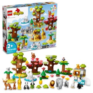 lego duplo wild animals of the world building set, includes sounds, world map playmat, 22 animal figures, educational gift, learning toy for girls & boys, toddler toys for ages 2-4 years old, 10975