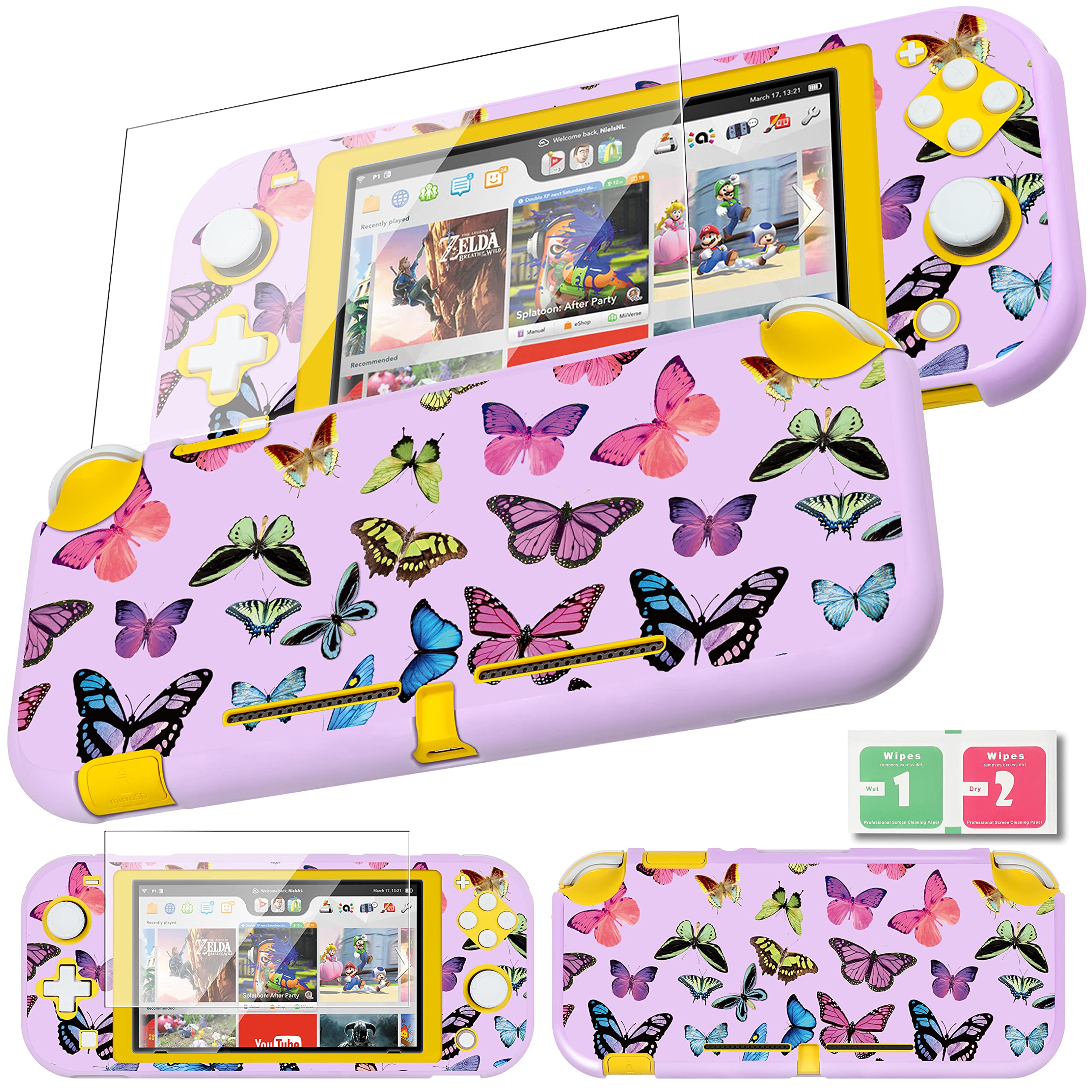 Uppuppy (2In1) Competible with Switch Lite Case Protector with Screen Protector for Girls Boys Purple Butterfly Cute Slim Fashion Esthetic Design Protective Case Cover Hard Shell