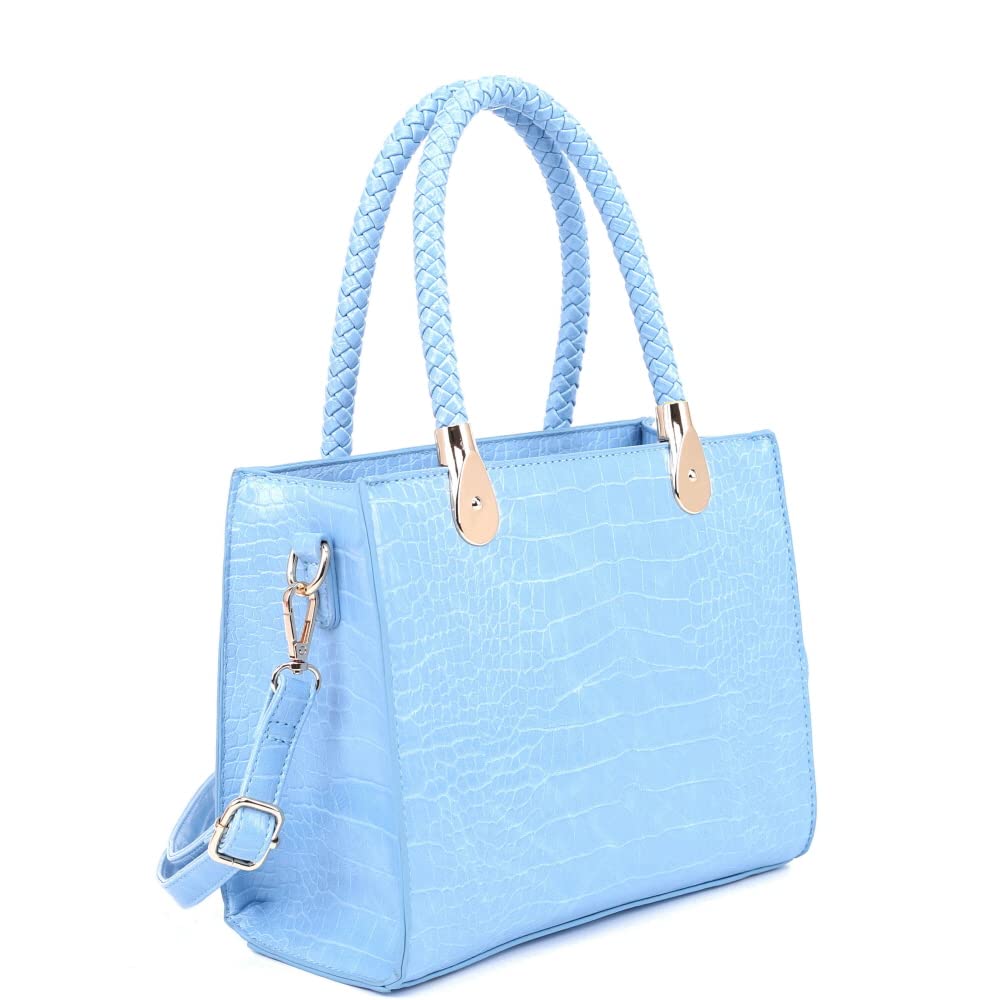 Trendeology Glossy Vegan Leather Structured Square Crocodile Print Medium Satchel Purse Tote Handbag (Crocodile Print - Light-Blue)