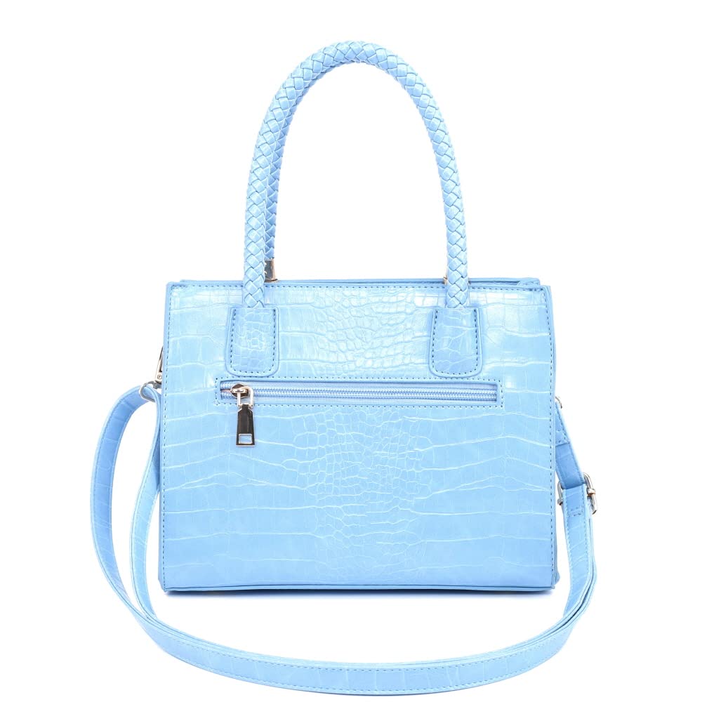 Trendeology Glossy Vegan Leather Structured Square Crocodile Print Medium Satchel Purse Tote Handbag (Crocodile Print - Light-Blue)