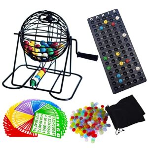 yuanhe deluxe bingo game set - metal round cage, 75 colored bingo balls, 50 bingo cards, 300 mixed chips and master board for large groups, parties