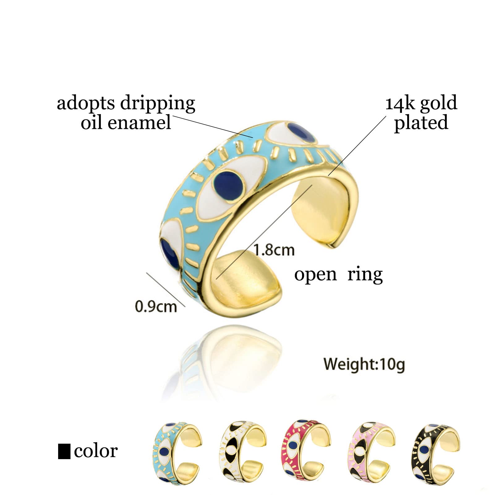 TKMIRA Evil Eye Ring for Women Gold Colorful Enamel Chunky Rings Adjustable Statement Aesthetic Rings Protection Jewelry (blue)