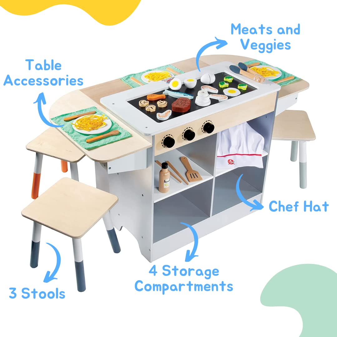 Hibachi Grill Wooden Kids Playset w/ Stools, Table Settings and Over 25 Toy Food Pieces - Noodles, Tongs, Meats, Veggies - Everything Your Little Chef Needs for Pretend Play Indoor Japanese Restaurant