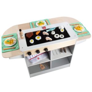 Hibachi Grill Wooden Kids Playset w/ Stools, Table Settings and Over 25 Toy Food Pieces - Noodles, Tongs, Meats, Veggies - Everything Your Little Chef Needs for Pretend Play Indoor Japanese Restaurant