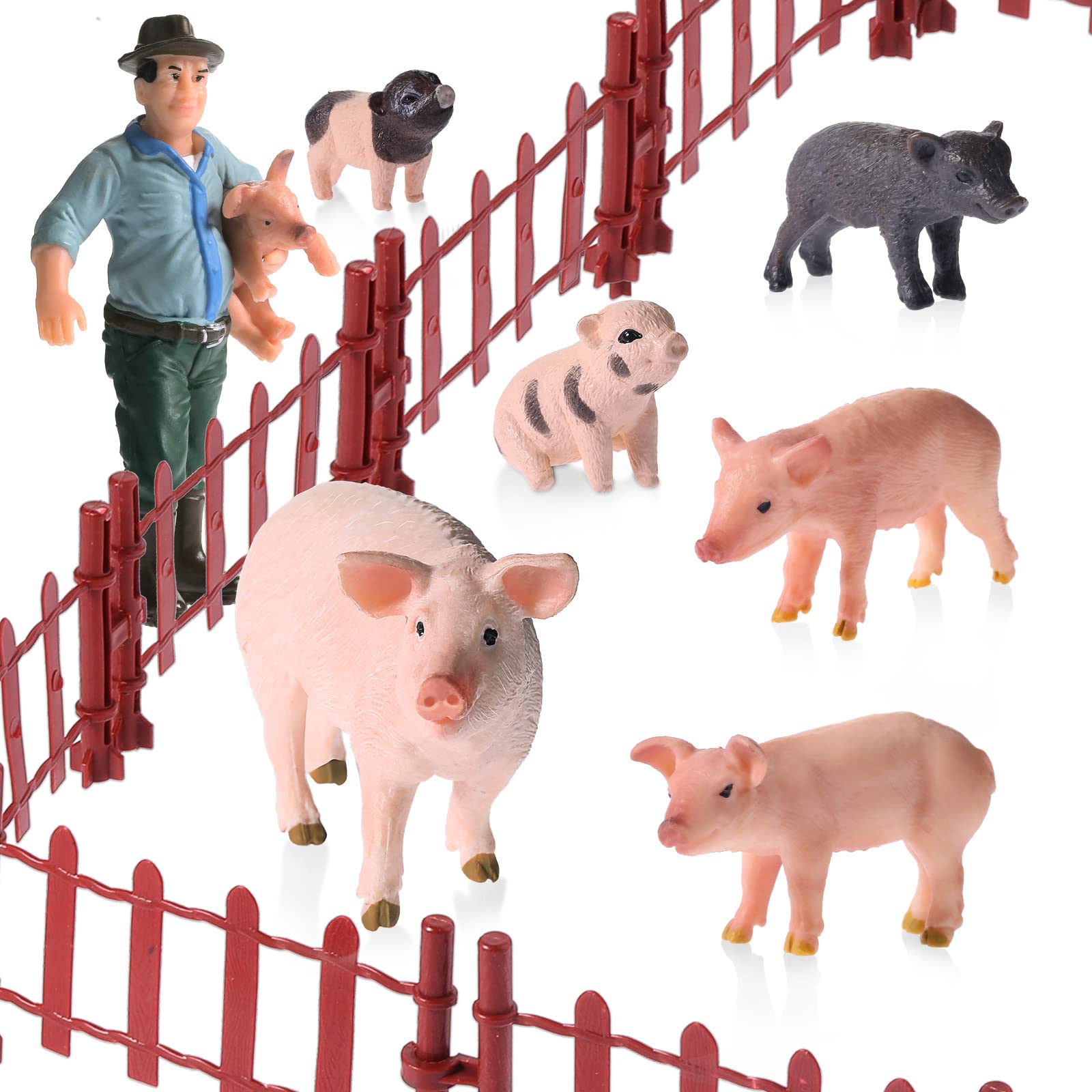 17 Pcs Realistic Farm Pig Animals Model Figure Toy Set Barn Farm Pig Figurines Collection Playset Mini Farm Figurines Plastic Pig Toy with Farm Keepers and Fence for Preschool Educational Props