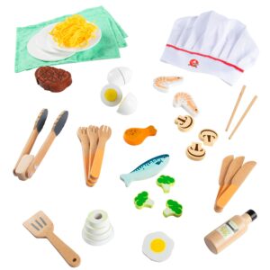 Hibachi Grill Wooden Kids Playset w/ Stools, Table Settings and Over 25 Toy Food Pieces - Noodles, Tongs, Meats, Veggies - Everything Your Little Chef Needs for Pretend Play Indoor Japanese Restaurant