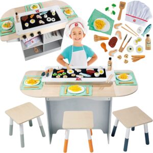 hibachi grill wooden kids playset w/ stools, table settings and over 25 toy food pieces - noodles, tongs, meats, veggies - everything your little chef needs for pretend play indoor japanese restaurant