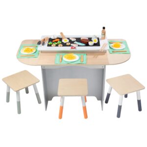 Hibachi Grill Wooden Kids Playset w/ Stools, Table Settings and Over 25 Toy Food Pieces - Noodles, Tongs, Meats, Veggies - Everything Your Little Chef Needs for Pretend Play Indoor Japanese Restaurant