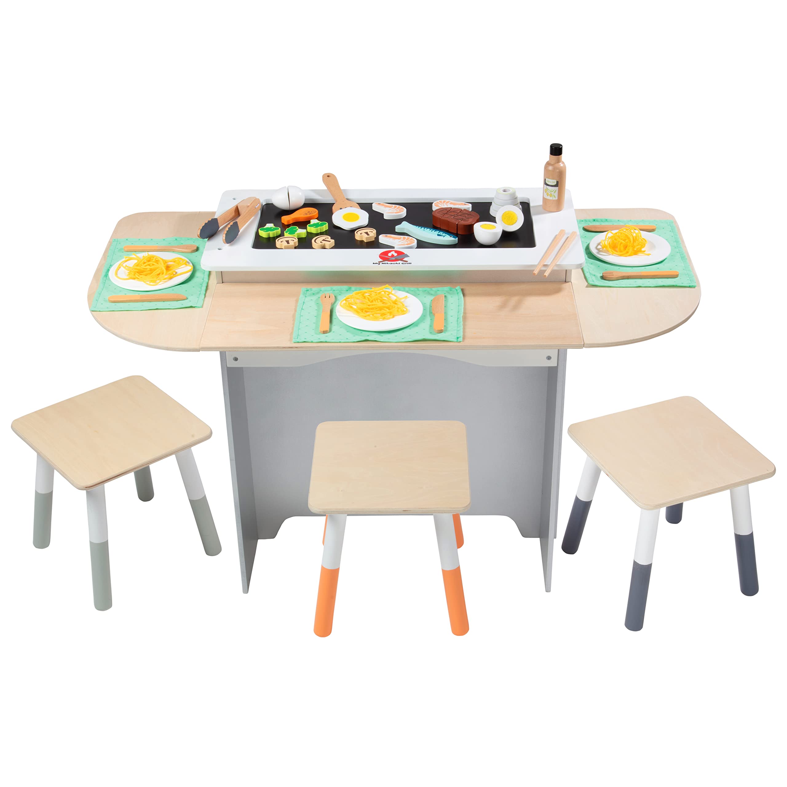 Hibachi Grill Wooden Kids Playset w/ Stools, Table Settings and Over 25 Toy Food Pieces - Noodles, Tongs, Meats, Veggies - Everything Your Little Chef Needs for Pretend Play Indoor Japanese Restaurant