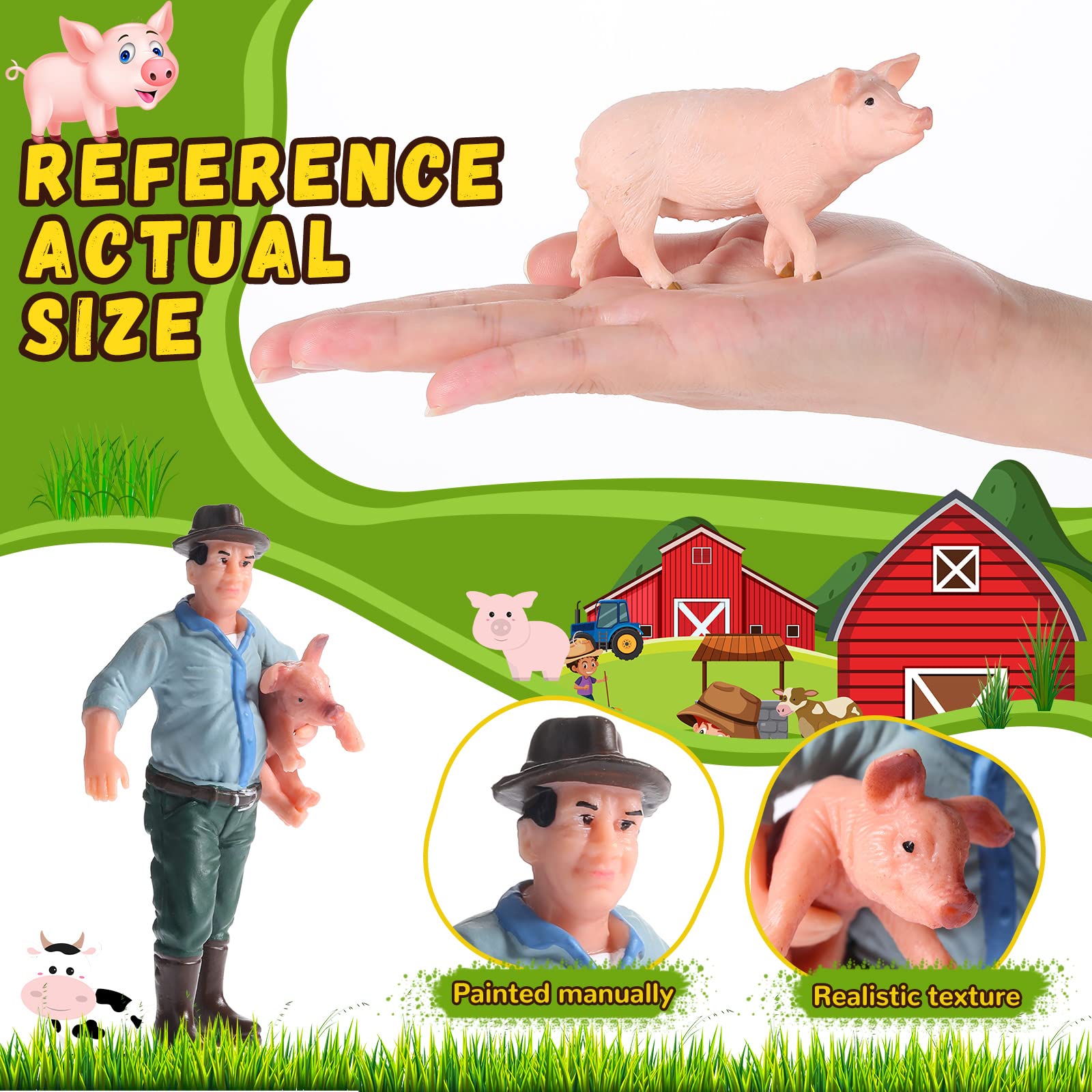 17 Pcs Realistic Farm Pig Animals Model Figure Toy Set Barn Farm Pig Figurines Collection Playset Mini Farm Figurines Plastic Pig Toy with Farm Keepers and Fence for Preschool Educational Props