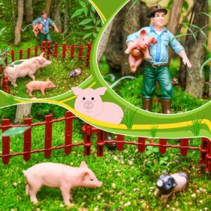 17 Pcs Realistic Farm Pig Animals Model Figure Toy Set Barn Farm Pig Figurines Collection Playset Mini Farm Figurines Plastic Pig Toy with Farm Keepers and Fence for Preschool Educational Props