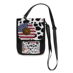 vnurnrn crossbody bags cell phone wallet purses for women, american flag sunflowers and cow print travel purses with card slots, 6 x 7.5 inch