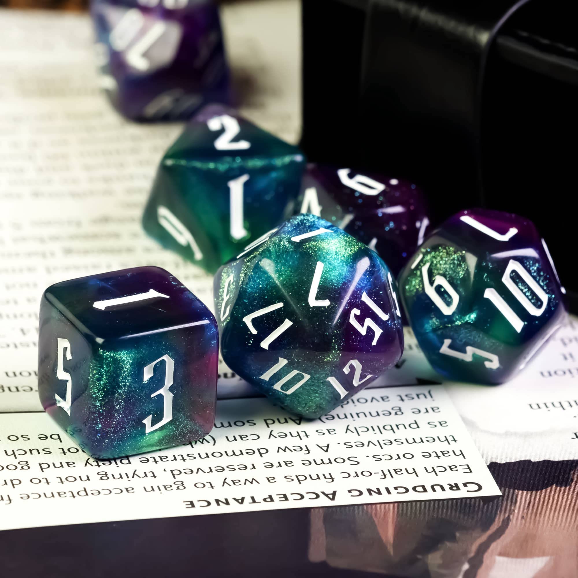 KSNDie Polyhedral DND Dice Set for Dungeon and Dragons, 7-Die D&D Dice Sets for RPG Role Playing Games,d and d, Purple Mix Blue Green Nebula Dice