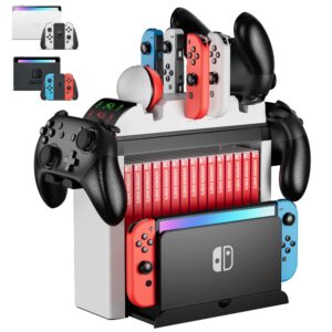 switch organizer with controller charging station, zaonool charger stand for nintendo switch & oled joycon, pro controller, accessories storage tower for games, tv dock