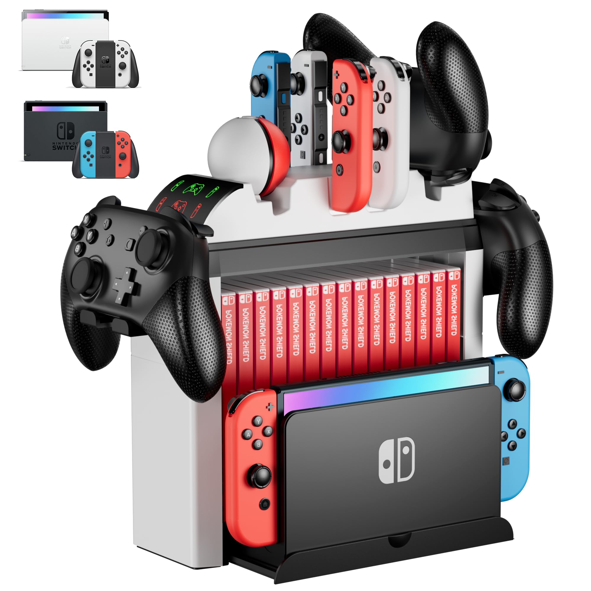 Switch Organizer with Controller Charging Station, ZAONOOL Charger Stand for Nintendo Switch & OLED Joycon, Pro Controller, Accessories Storage Tower for Games, TV Dock