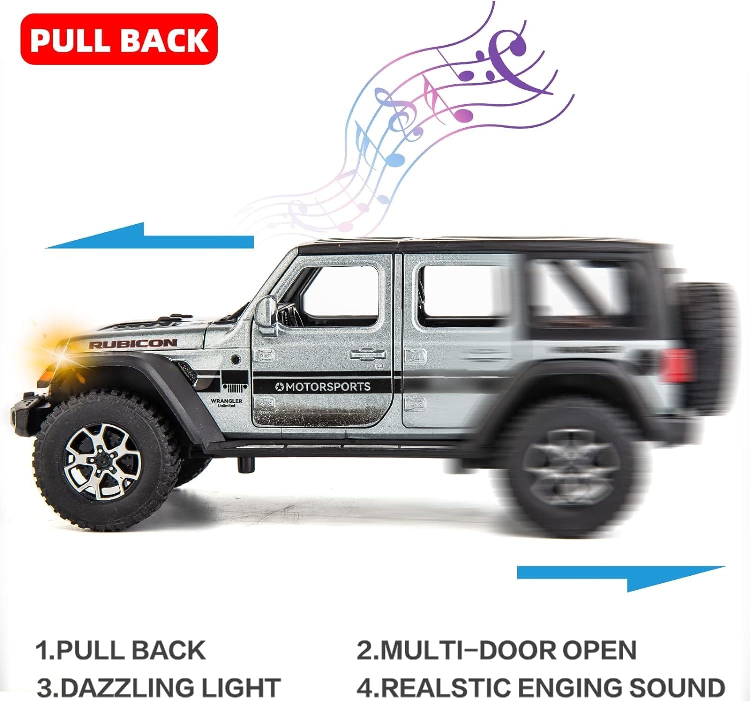 BDTCTK Off-Road 7 Door for Wrangler Diecast Toy Car Model, 1/22 Scale Metal Alloy Vehicle for Kids Boys Girls Adults, Doors Open, Light and Sound, Gifts Gray