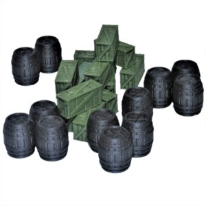 extruded gaming green armory crates and black powder barrels